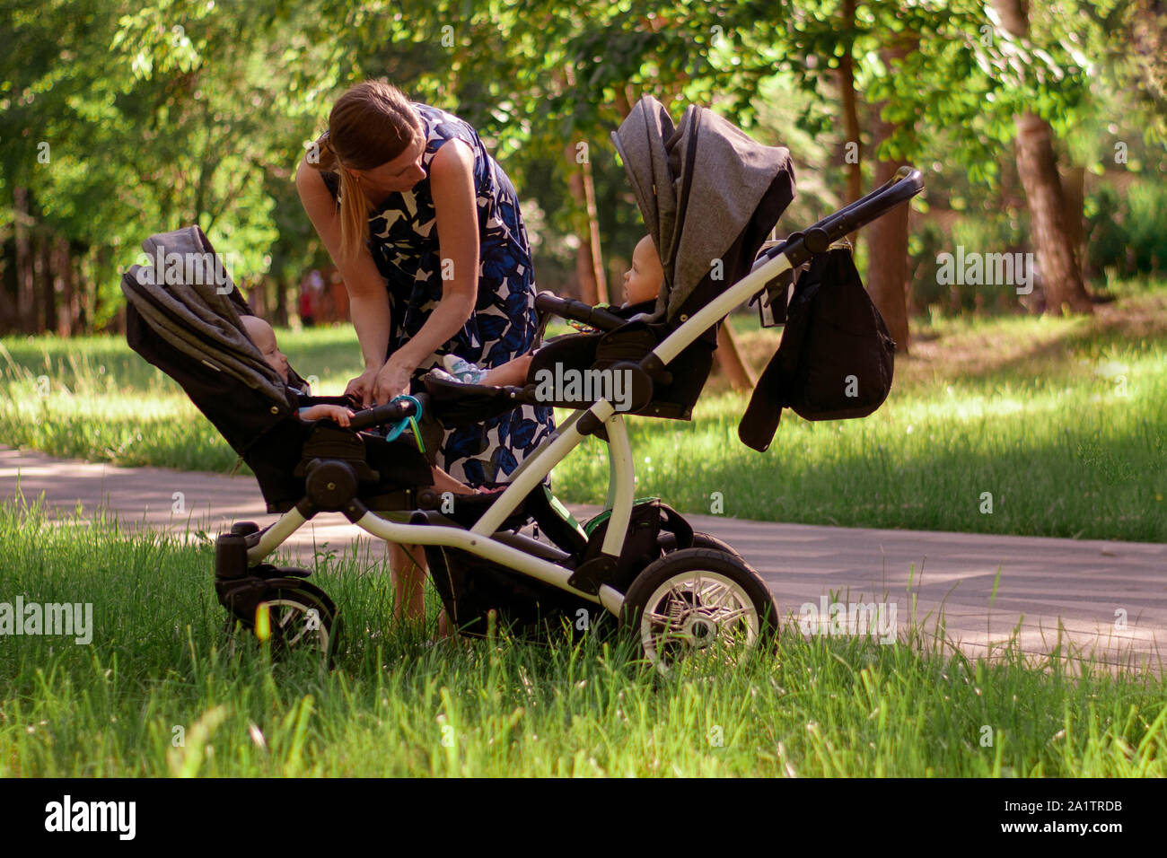 Woman and stroller for twins. A beautiful woman in a park seats two ...