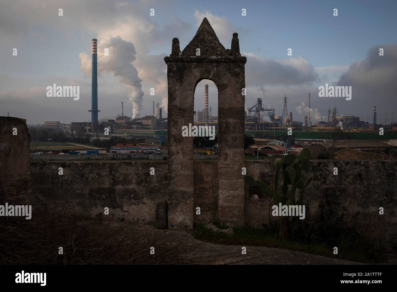 The Arcelor Mittal steel works factory dominates the skyline from an ...