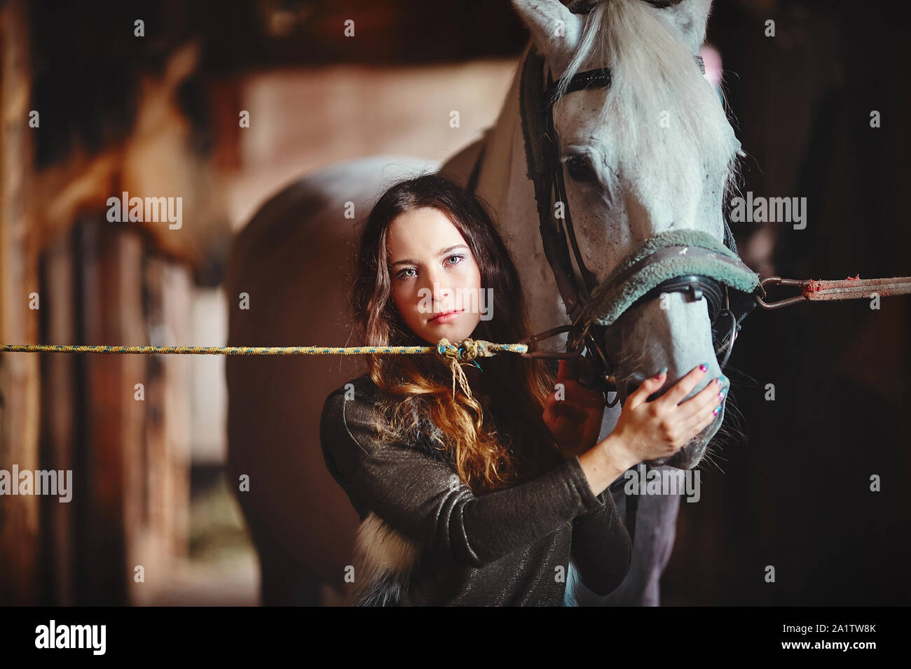 Portrait of a young girl in a village stables with a horse. Dressed in ...