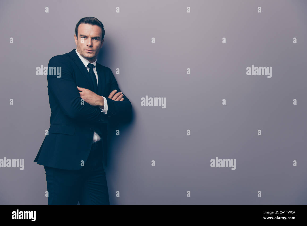 Portrait image picture of candid content clever handsome modern Stock ...