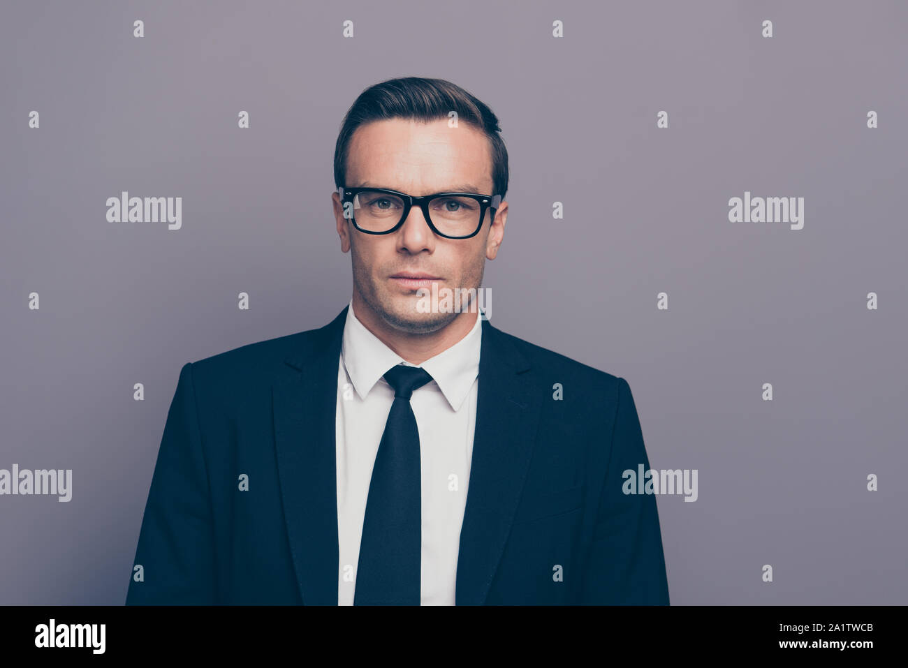 Close up picture photo headshot of modern brutal focused strict Stock ...