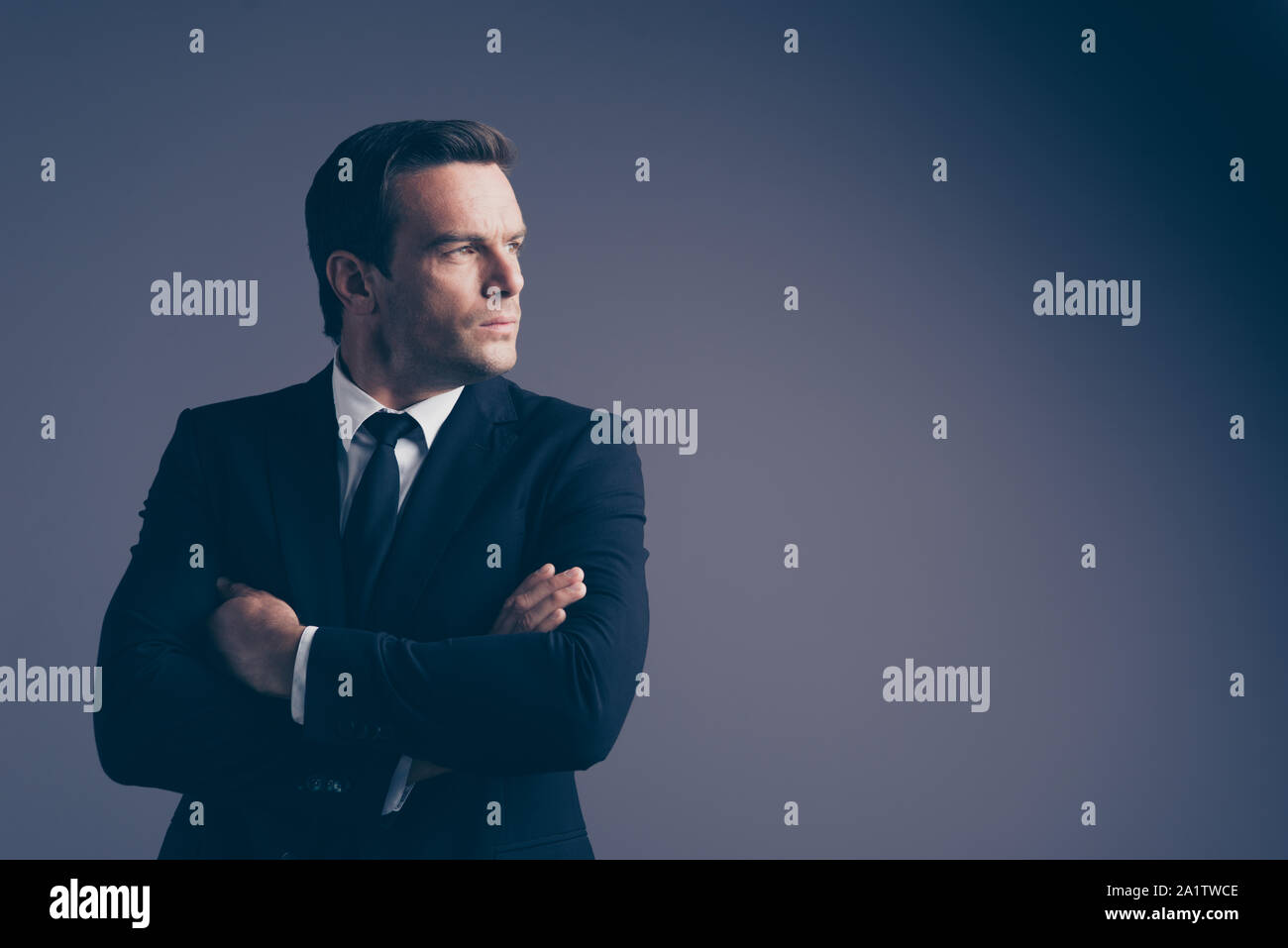 Side profile close up headshot photo portrait of handsome concen Stock ...