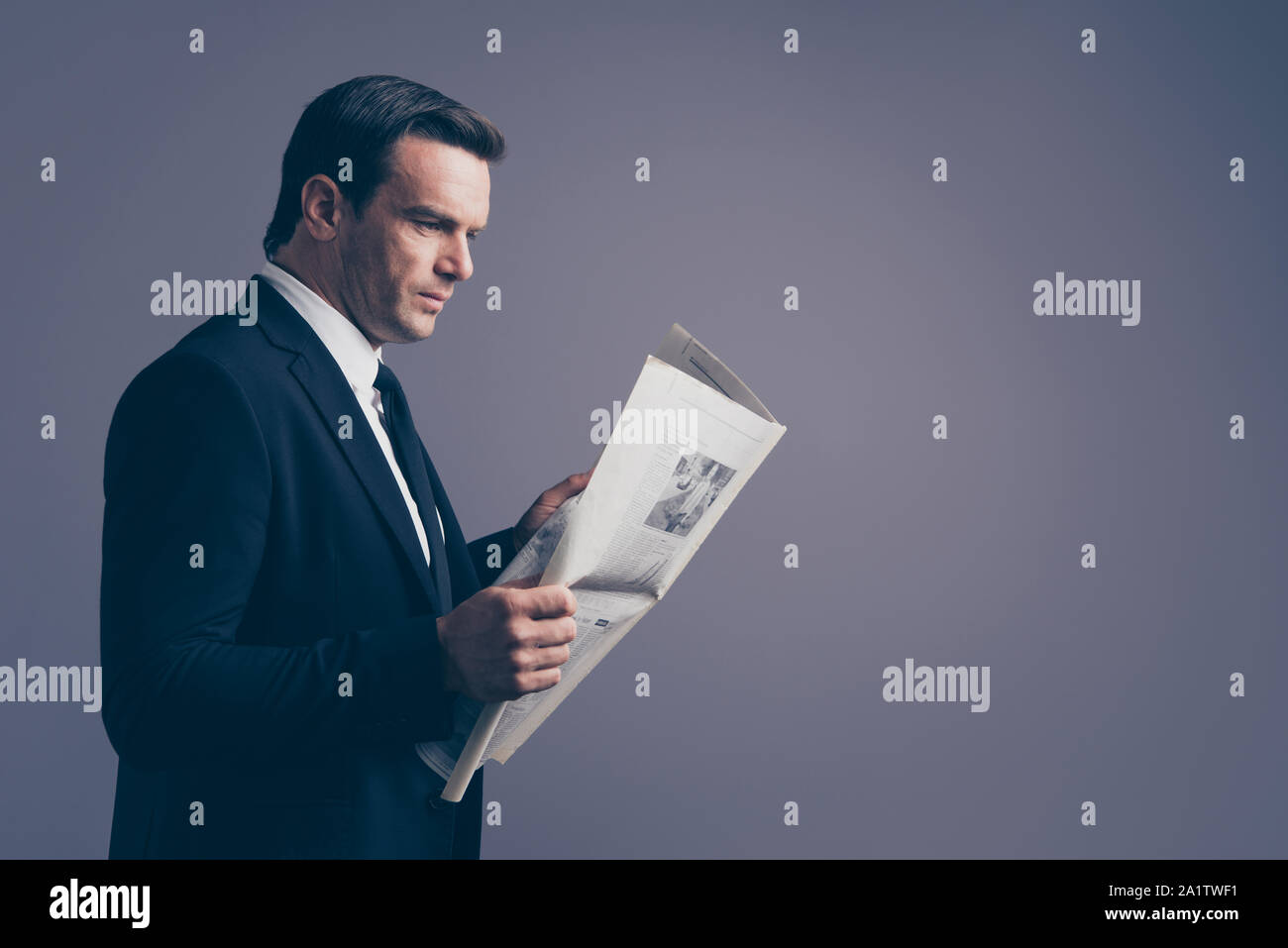 Close up side profile half turned studio photo portrait of conce Stock ...