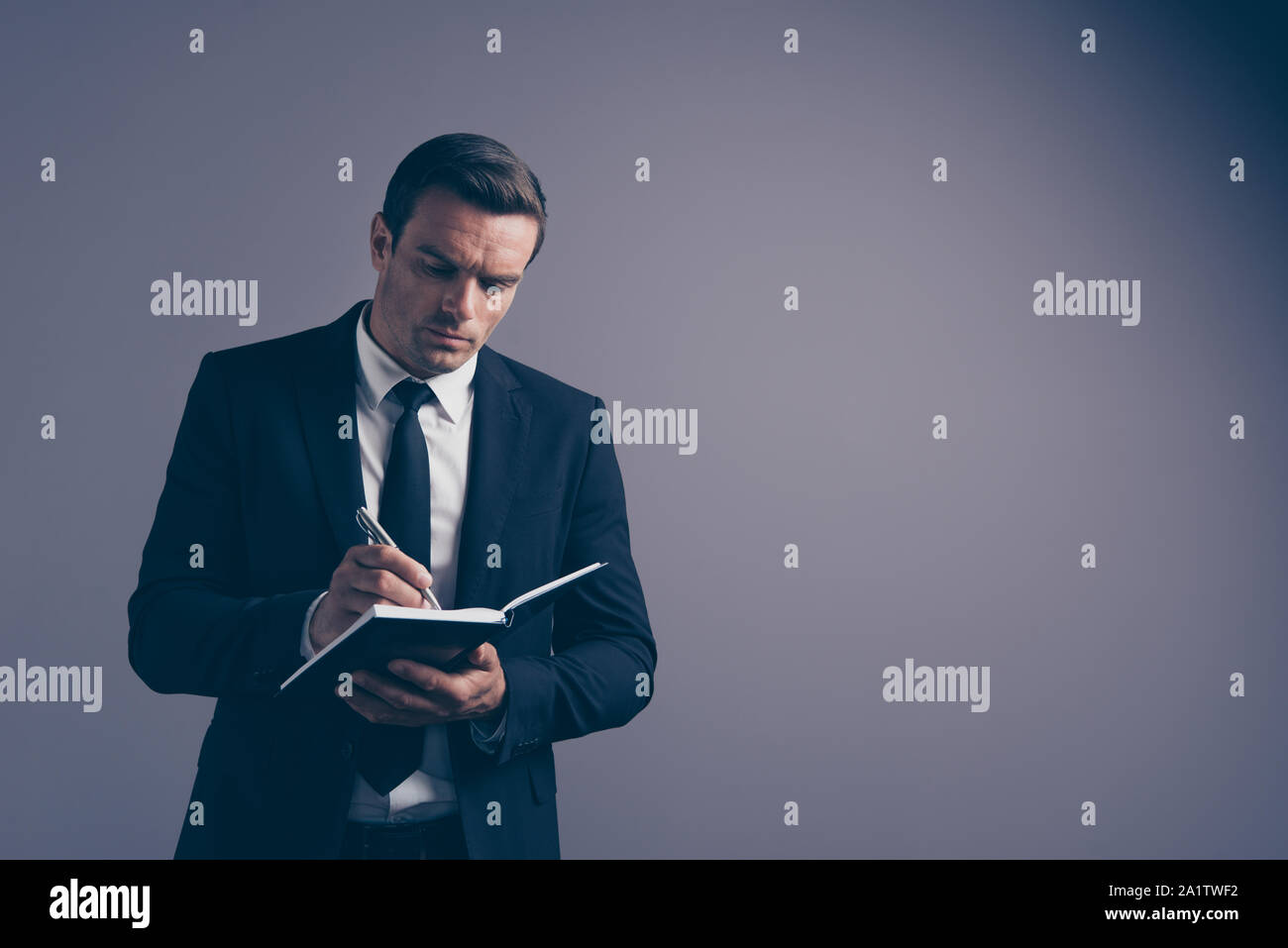 Portrait studio photo of concentrated smart clever intellectual Stock ...