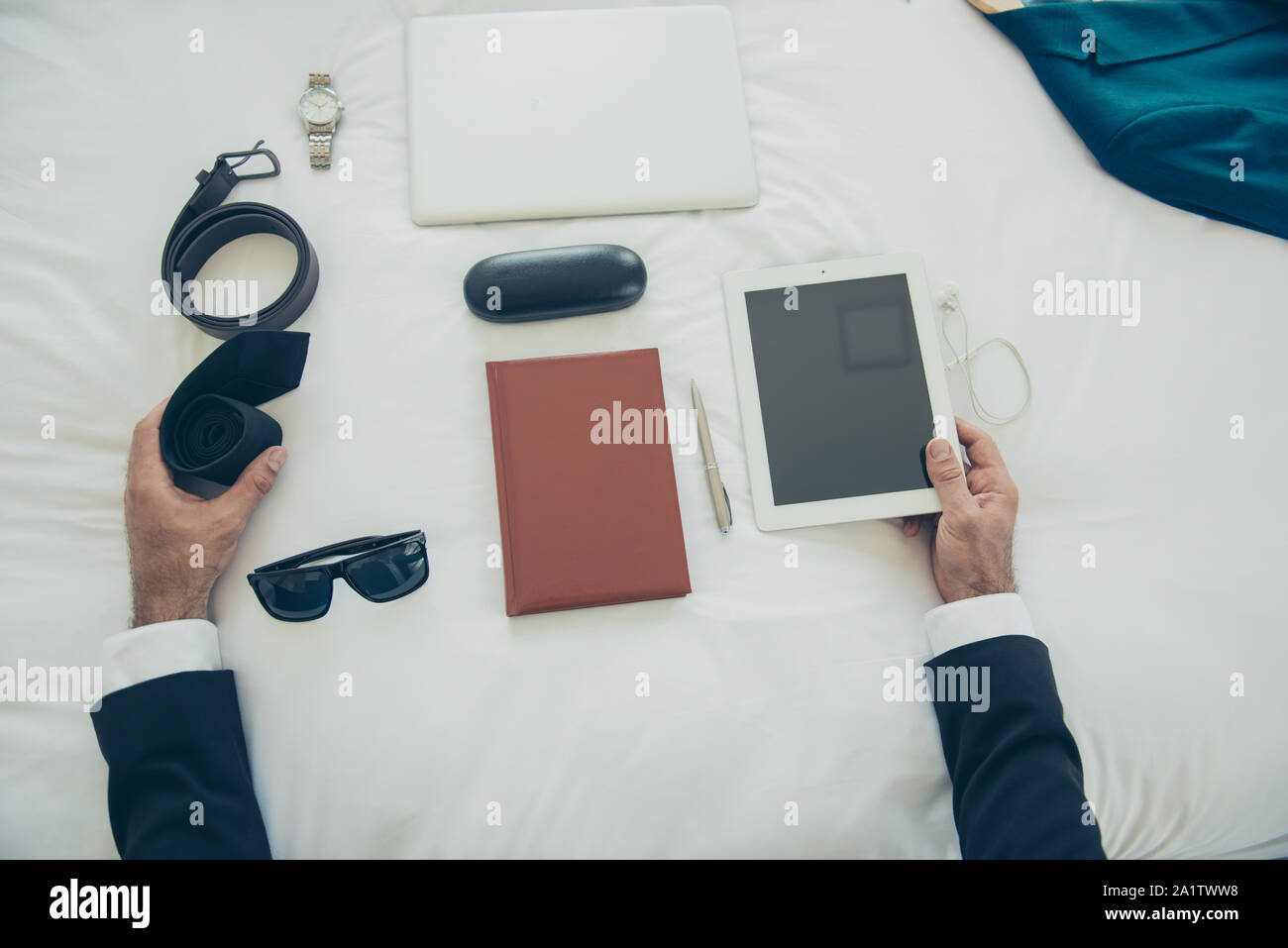 Top above high angle overhead view photo of man his him he stuff Stock ...