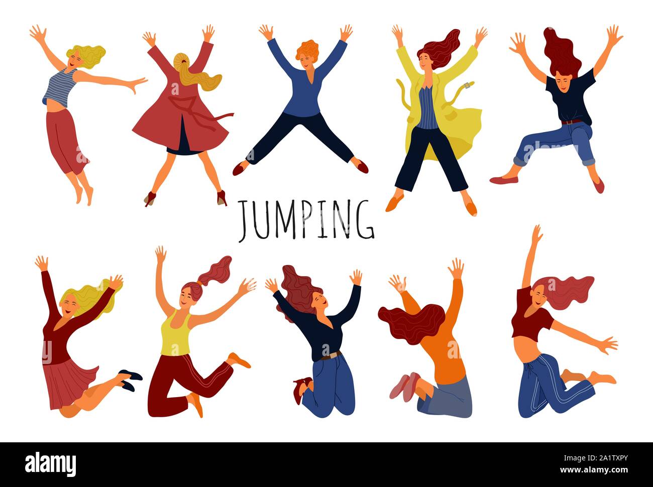 Group of young happy jumping womans isolated on white. Smiling females ...