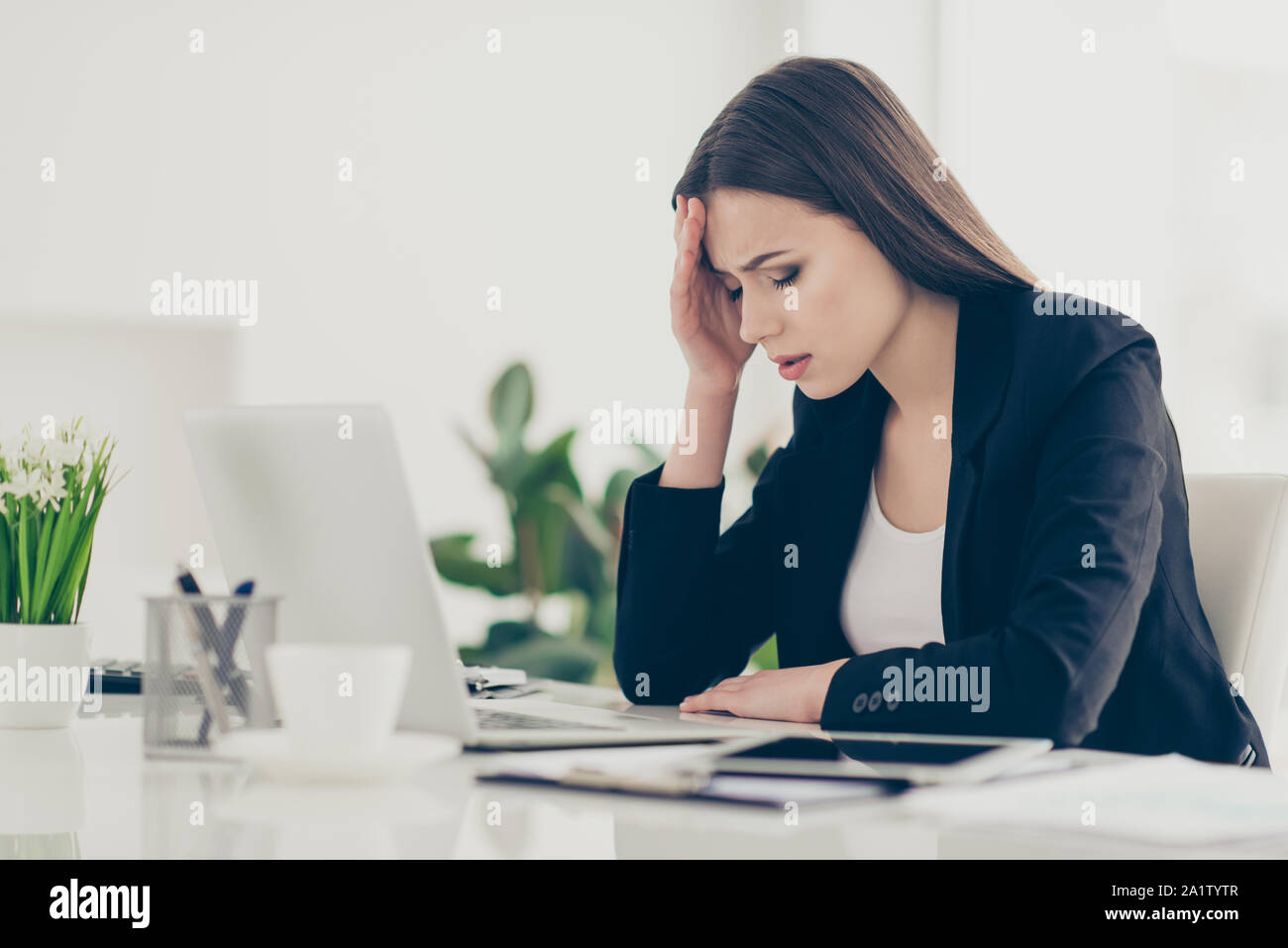 Profile side view portrait of beautiful attractive sad irritated Stock ...