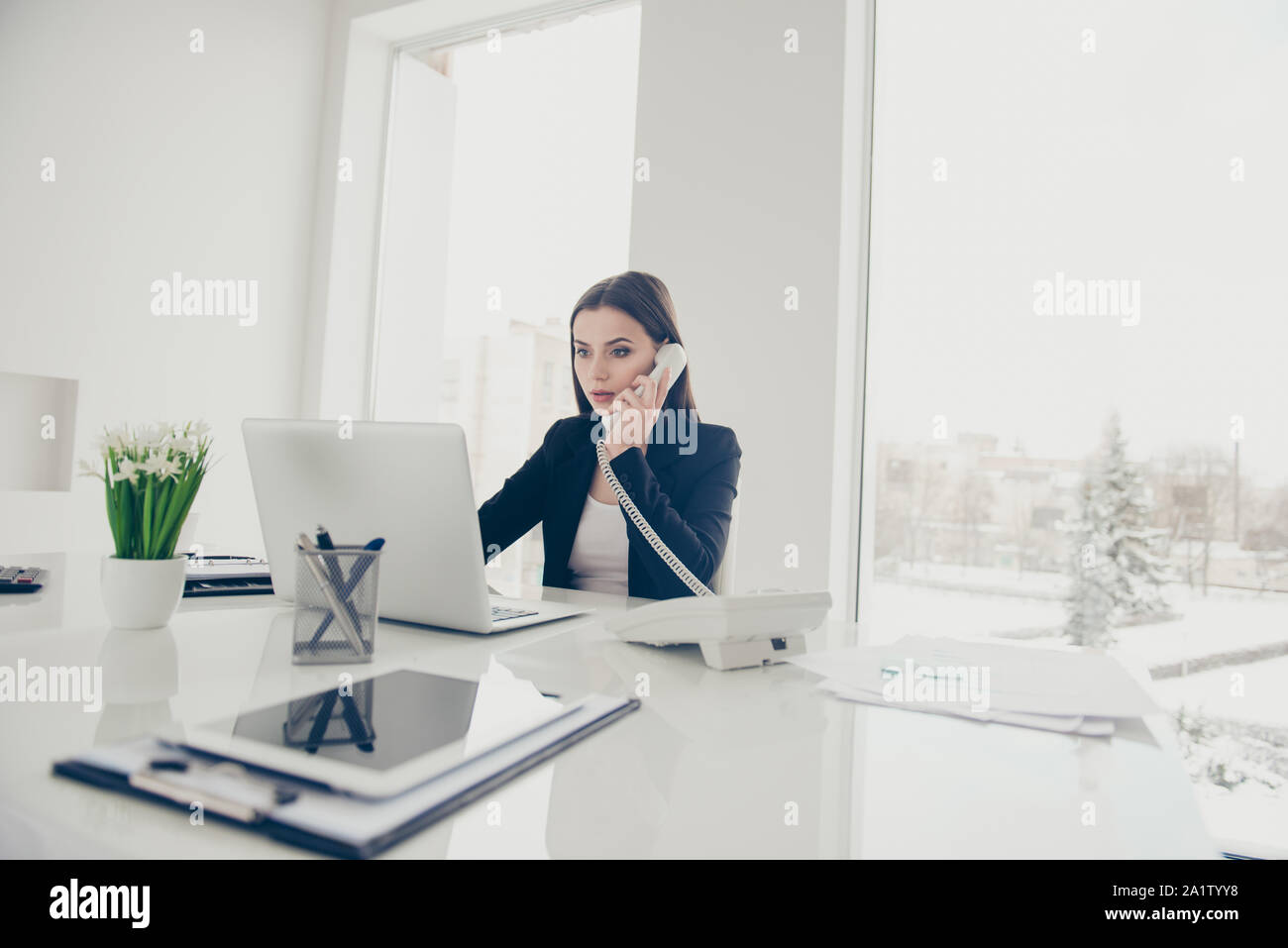 Serious beautiful attractive worried lady manager ceo boss chief Stock ...