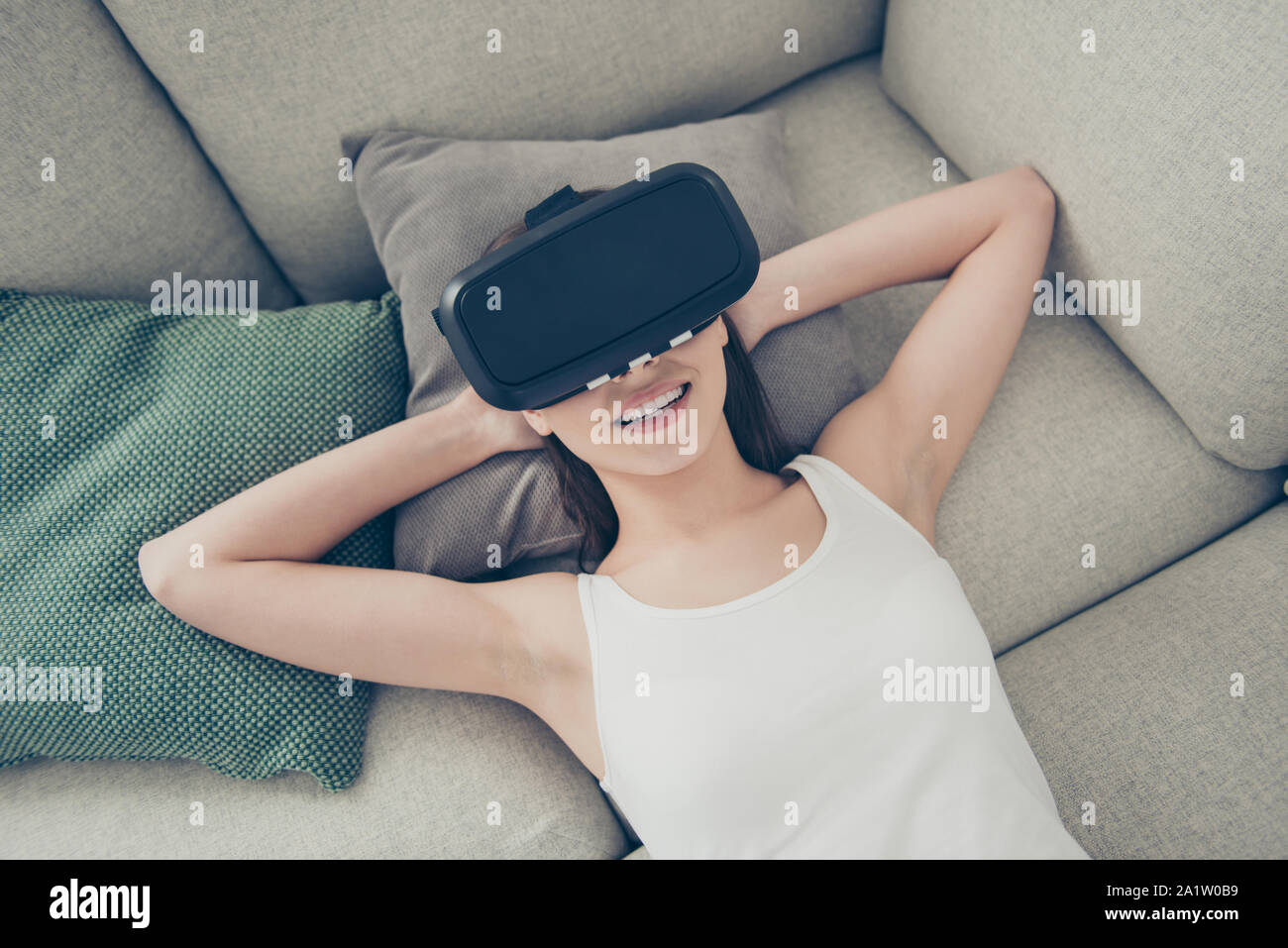 High angle above top view portrait beautiful attractive lady per Stock ...