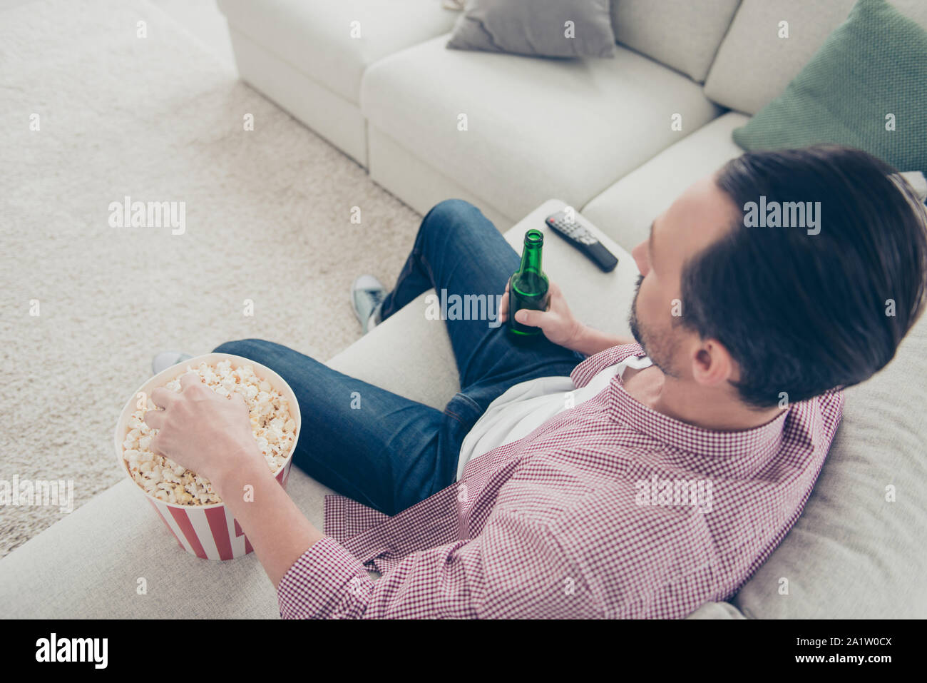 High angle above top view handsome good-looking man sit wear cas Stock ...