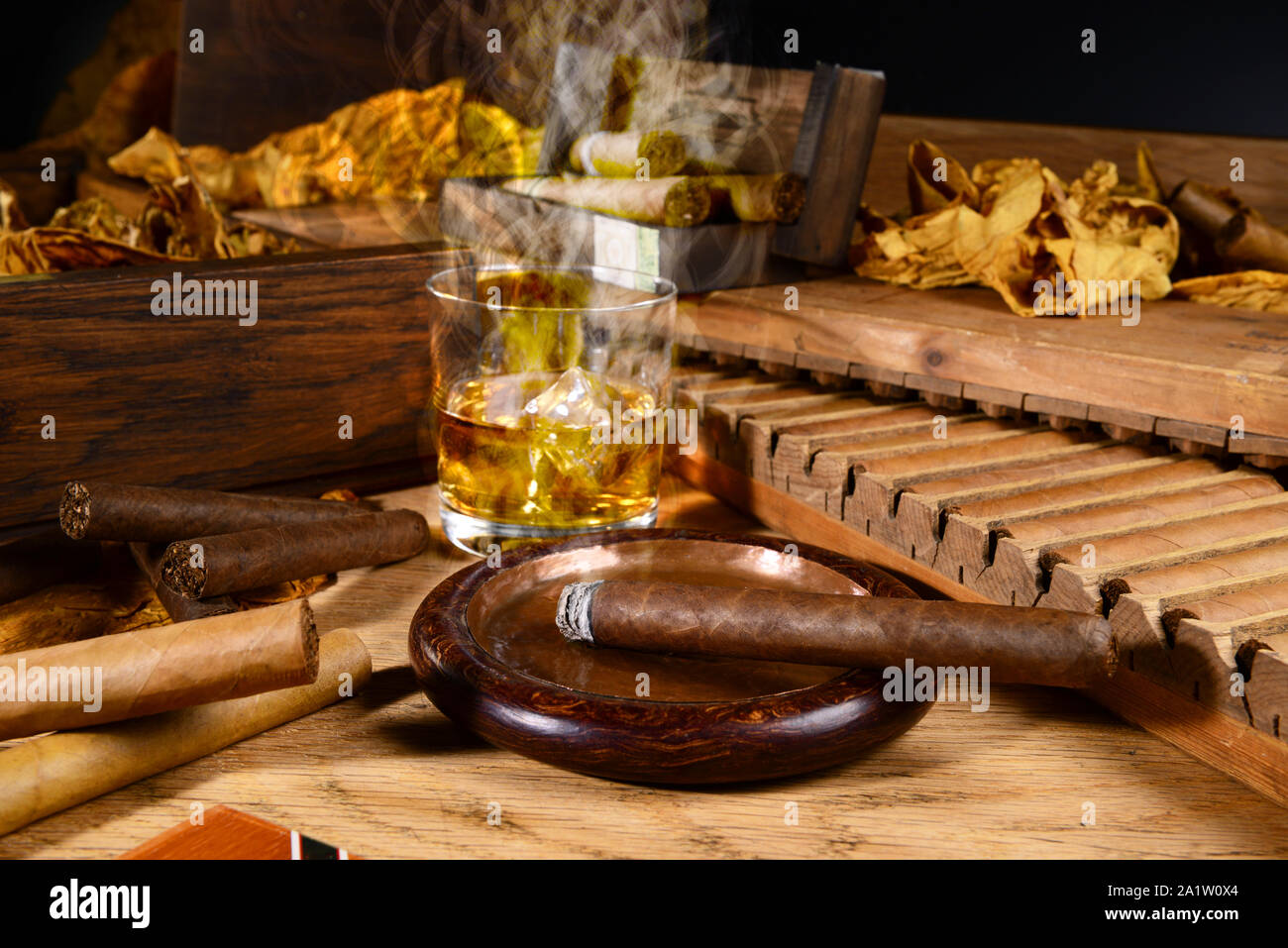 Cigars and Whiskey on wooden Background Stock Photo - Alamy