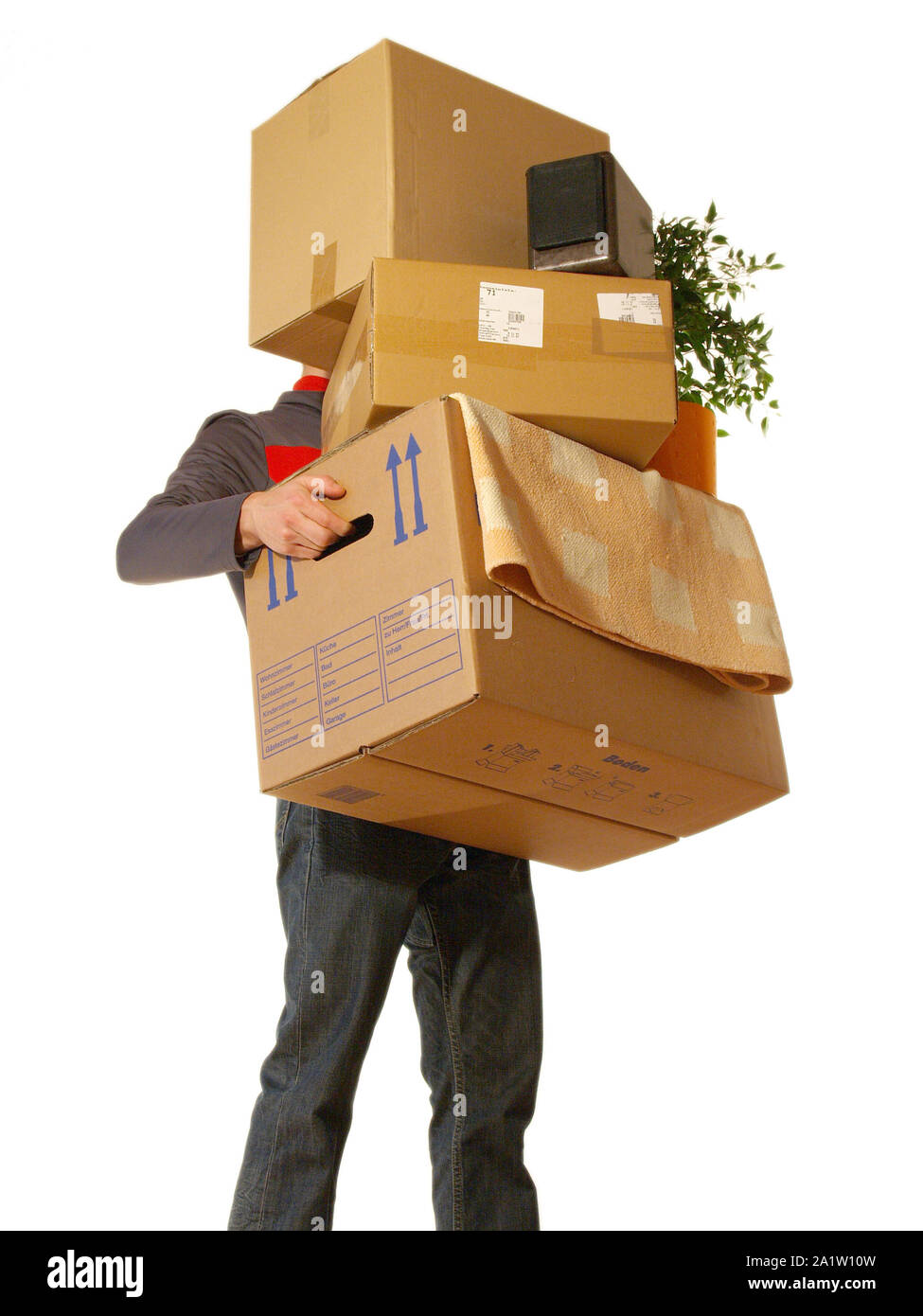 Moving Concept - Man holding Boxes on white Background Stock Photo - Alamy