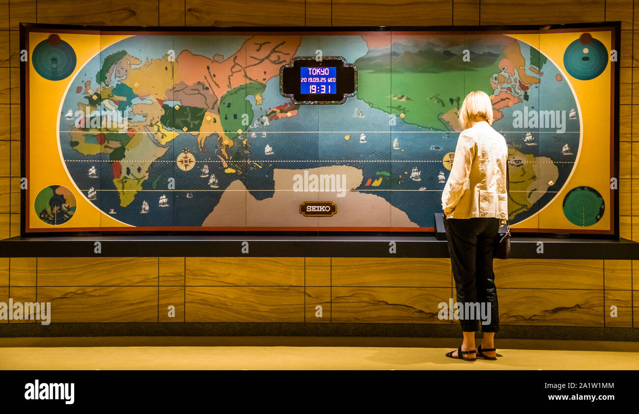 World clock in the Okura Hotel, Tokyo, Japan. The push of a button ...