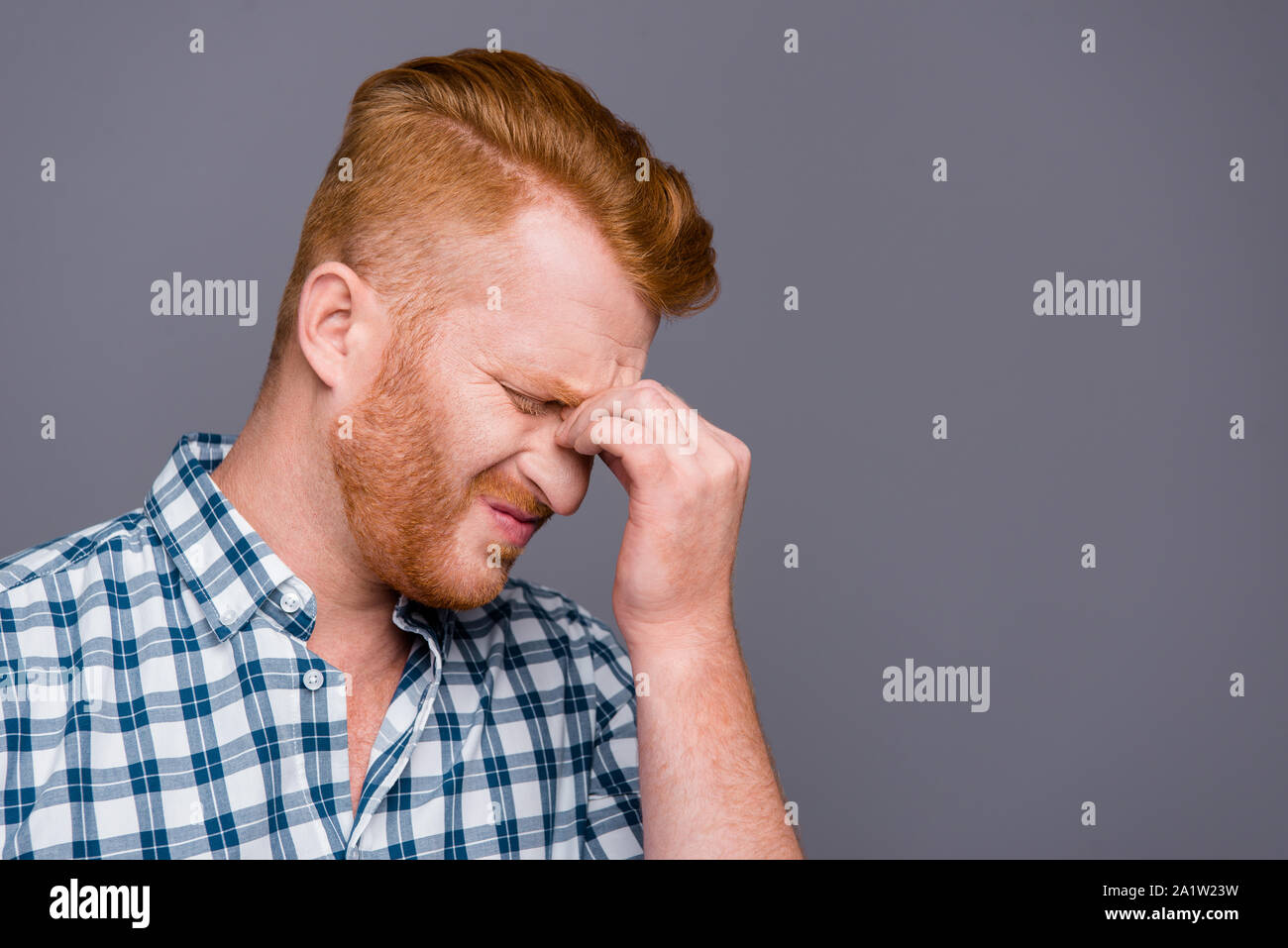 Profile side view portrait of sad tired bored unhealthy handsome Stock ...