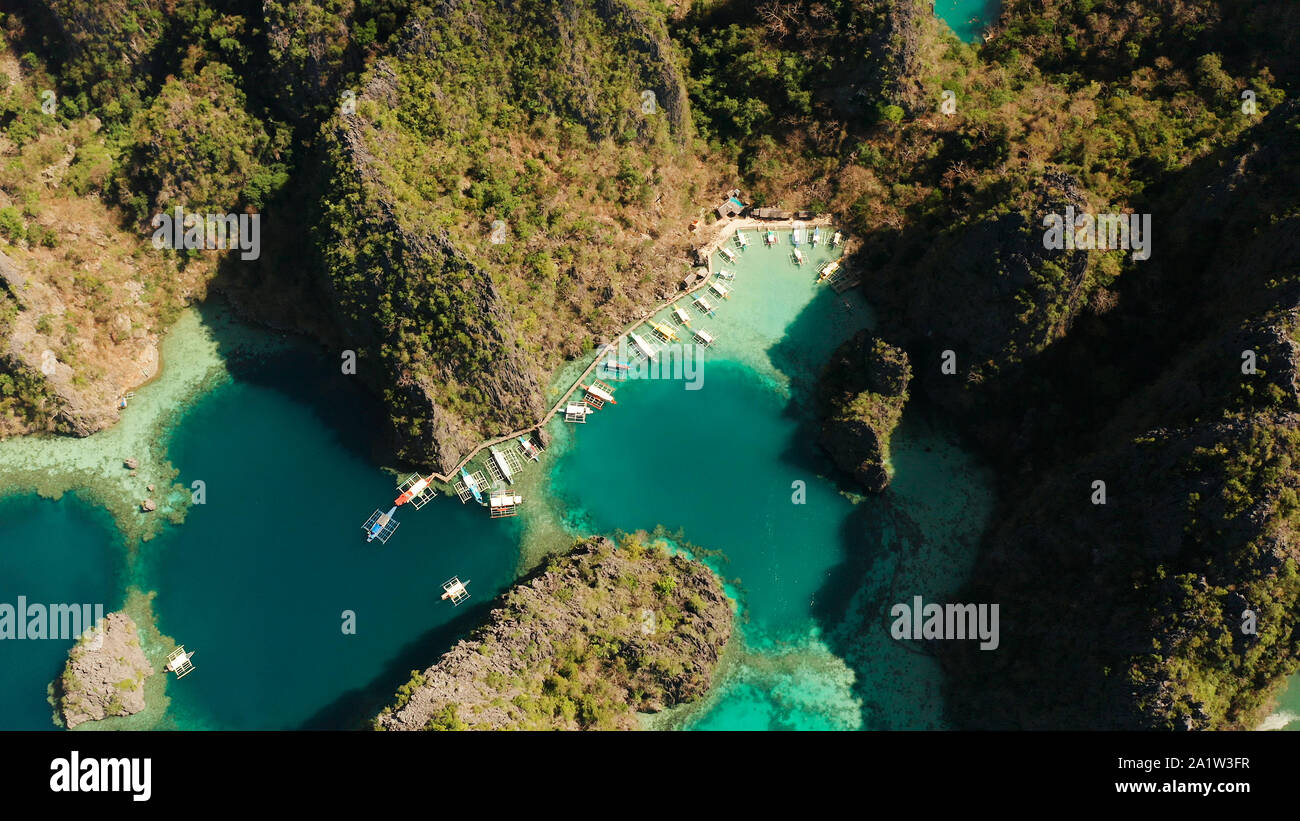 Aerial drone lagoons and coves with blue water among the rocks. lagoon ...