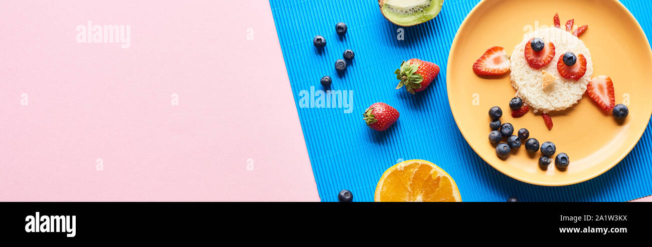 top view of plate with fancy animal made of food on blue and pink ...