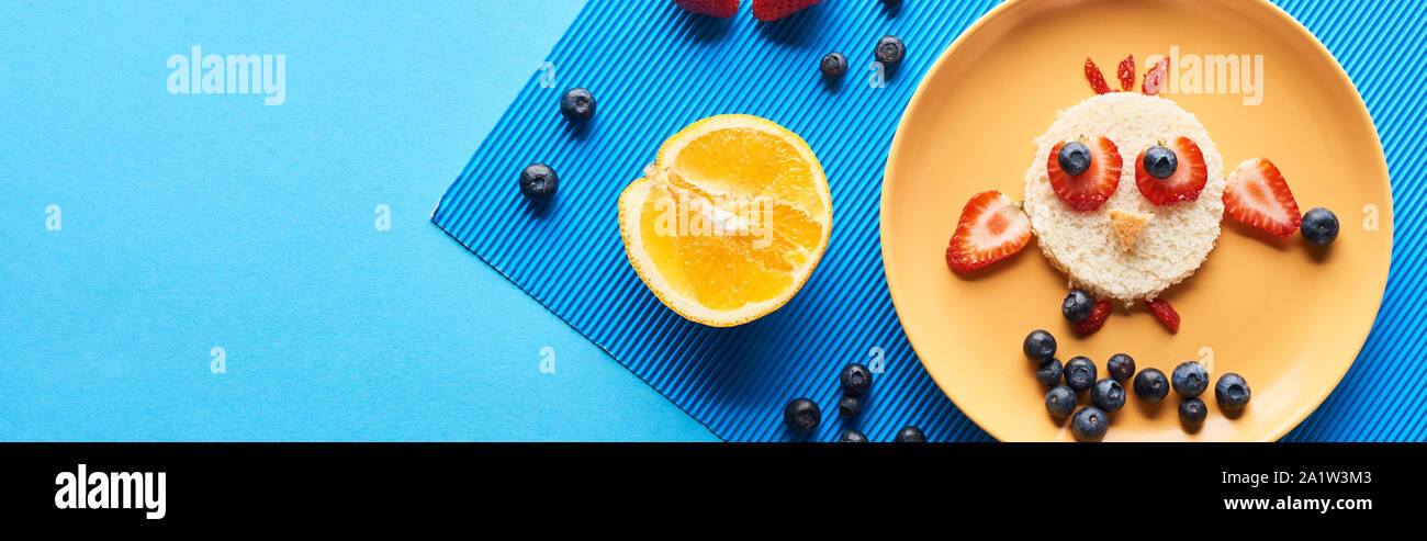 top view of plate with fancy animal made of food on blue background ...