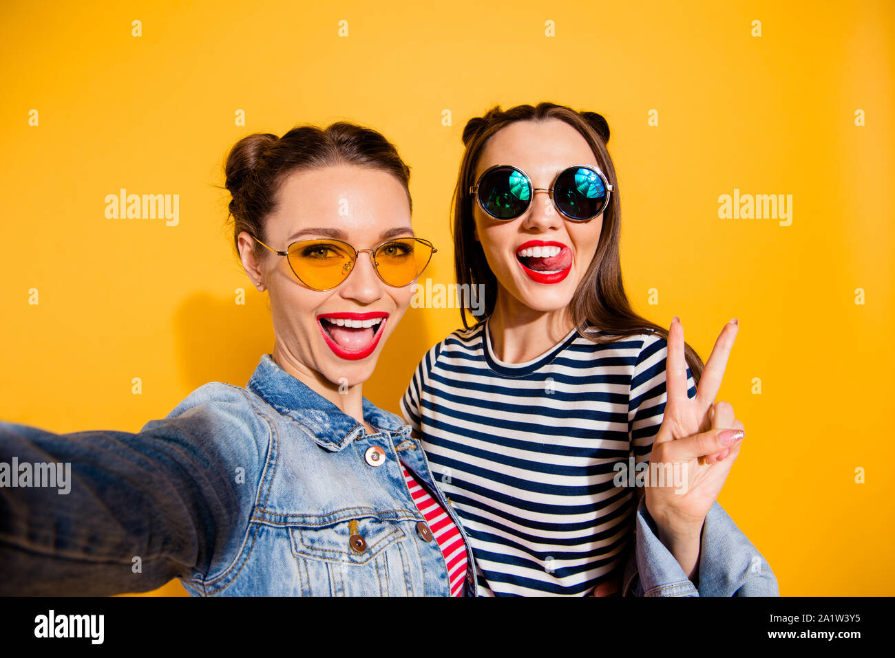 Glad positive grinning adorable good-looking funky funny two lad Stock ...