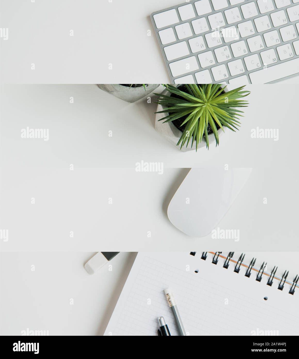 collage of white workplace with plant, computer mouse and keyboard and ...