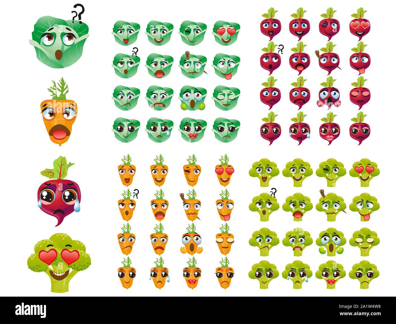 Set of vegetables. Emoji Emoticon Expression. Broccoli, cabbage, carrot ...