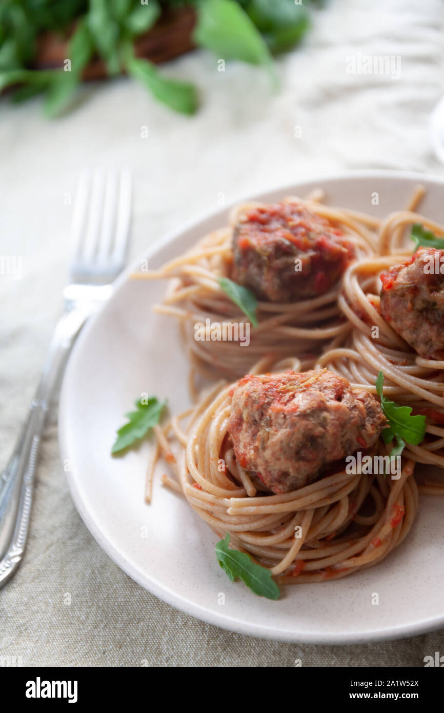 Original Italian Spaghetti With Meatballs In Tomato Sauce Stock Photo ...