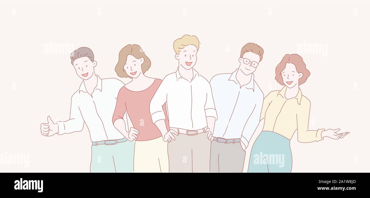 Funny smiling business team. Businessmen and businesswomen. Hand drawn ...