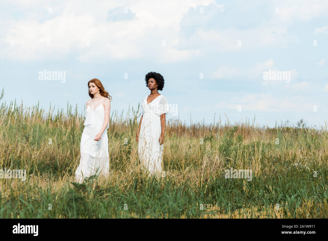pretty multicultural girls in dresses walking in field Stock Photo - Alamy