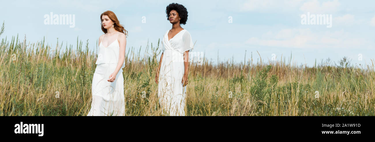 panoramic shot of pretty multicultural girls in dresses walking in ...