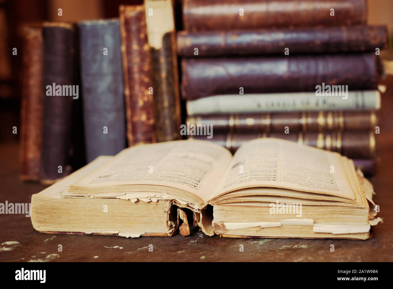 Books shelf with old open book. Old leather bound vintage books Stock ...