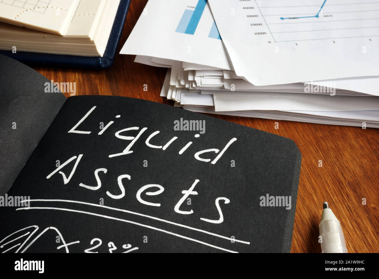 Liquid Assets list and calculations in the black notepad Stock Photo ...