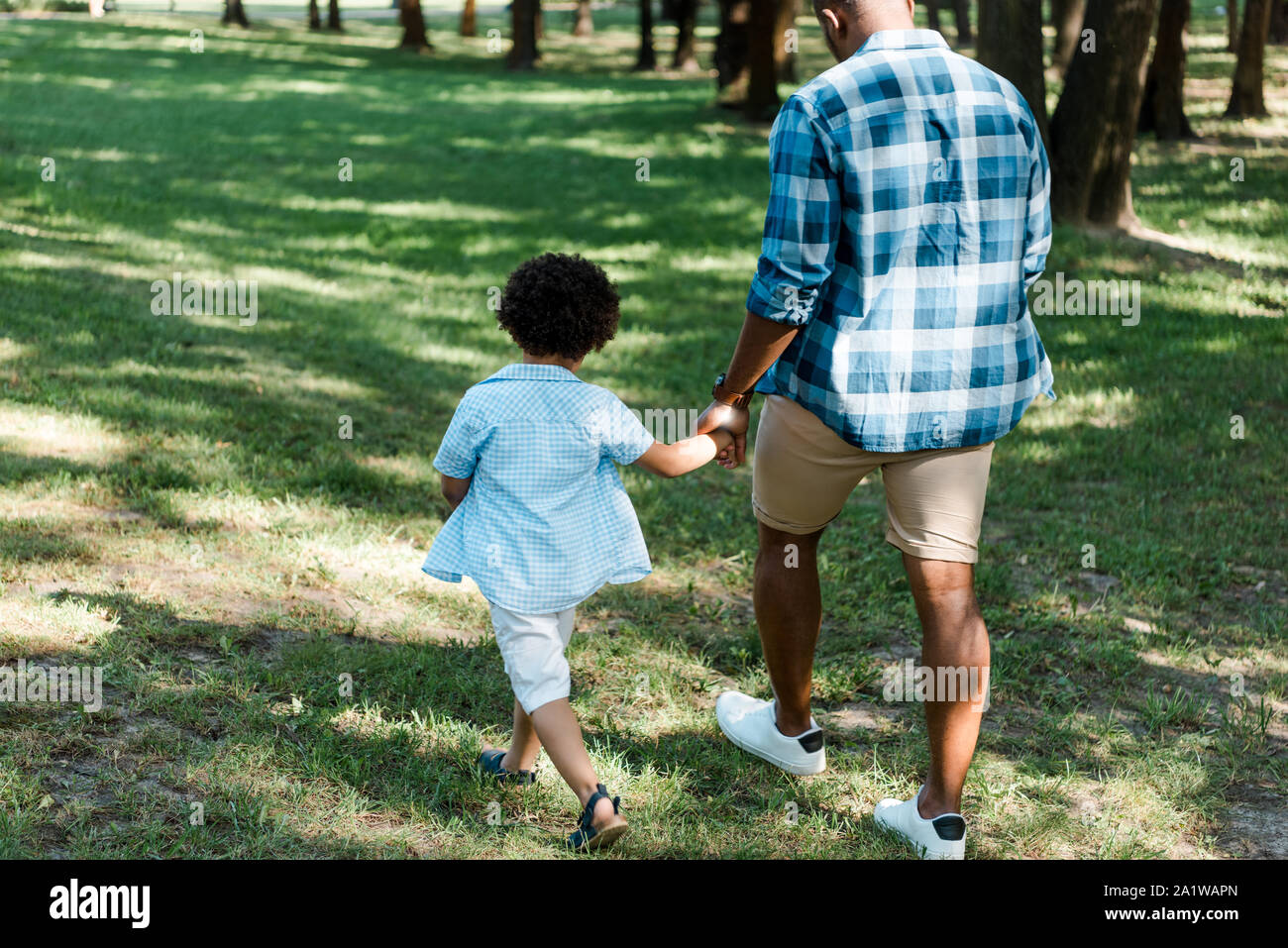 Back View Of African American Father And Son Walking And Holding Hands