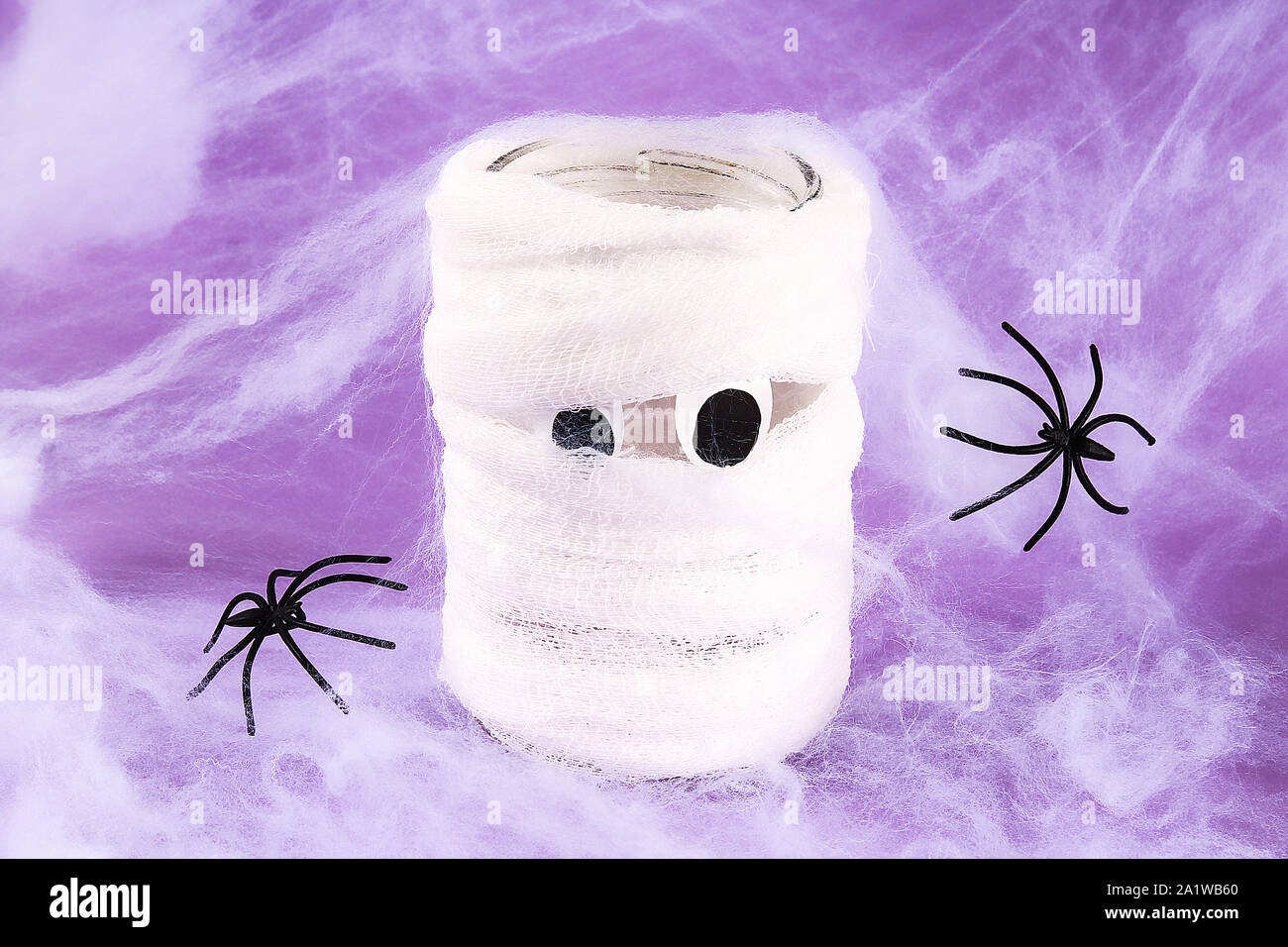 Halloween holiday concept. White spider web with two black spider web ...