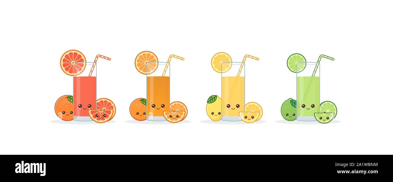 Citrus juice. Cute kawai smiling cartoon juice with slices in a glass ...