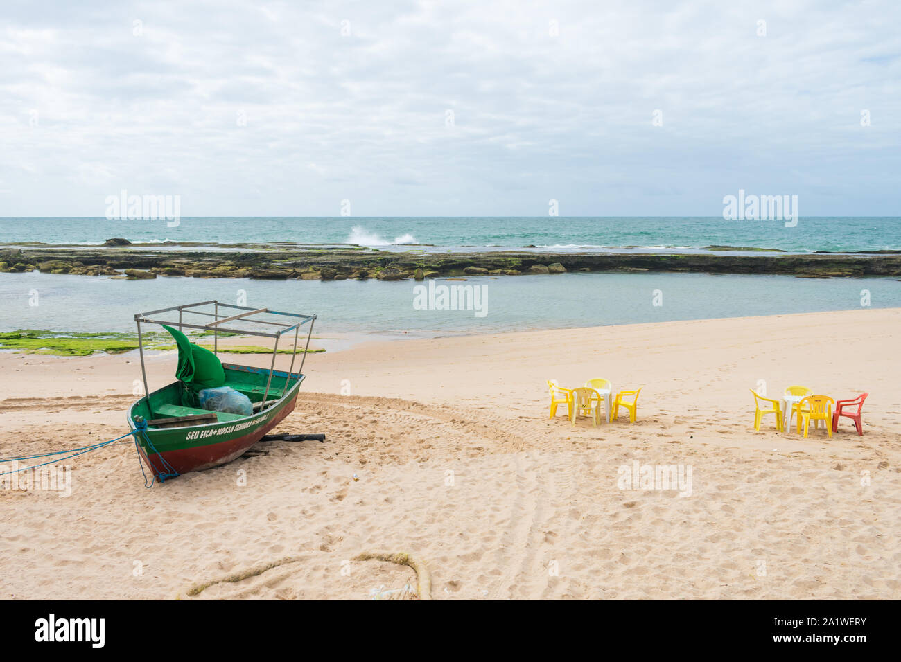 Arembepe, Brazil - Circa September 2019: Boat and bar tables and chairs ...