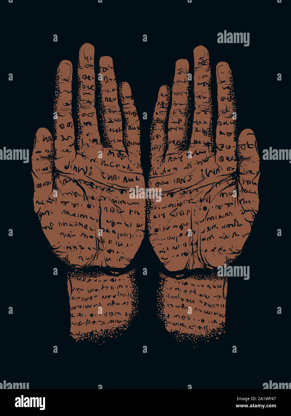 Stencil Illustration of Hands Showing Abstract Writing On Its Palm and ...