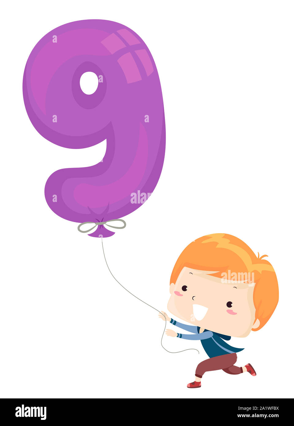 Illustration of a Kid Boy Running with a Balloon Shaped as Number Nine ...