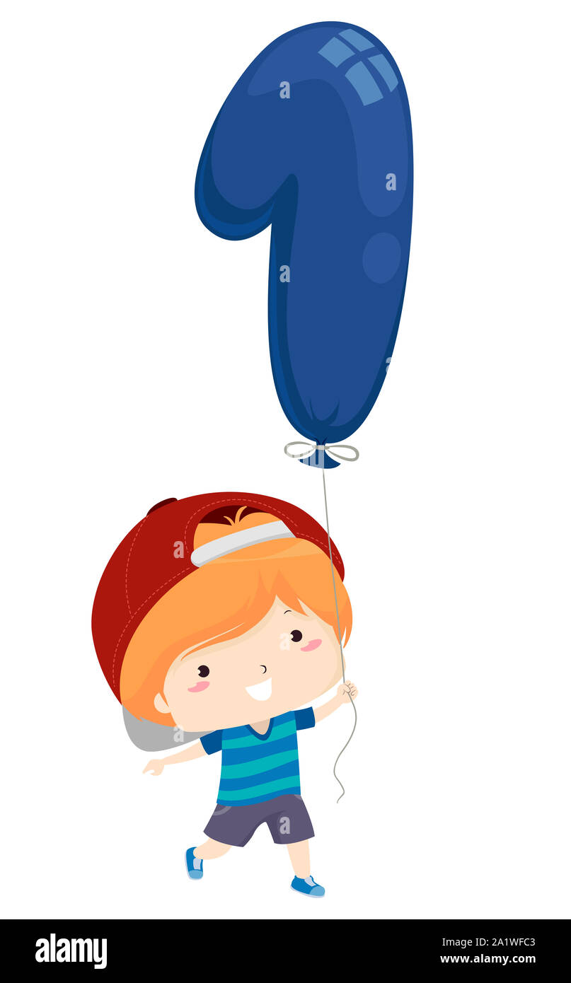 Illustration of a Kid Boy Holding a Balloon Shaped as Number One Stock ...