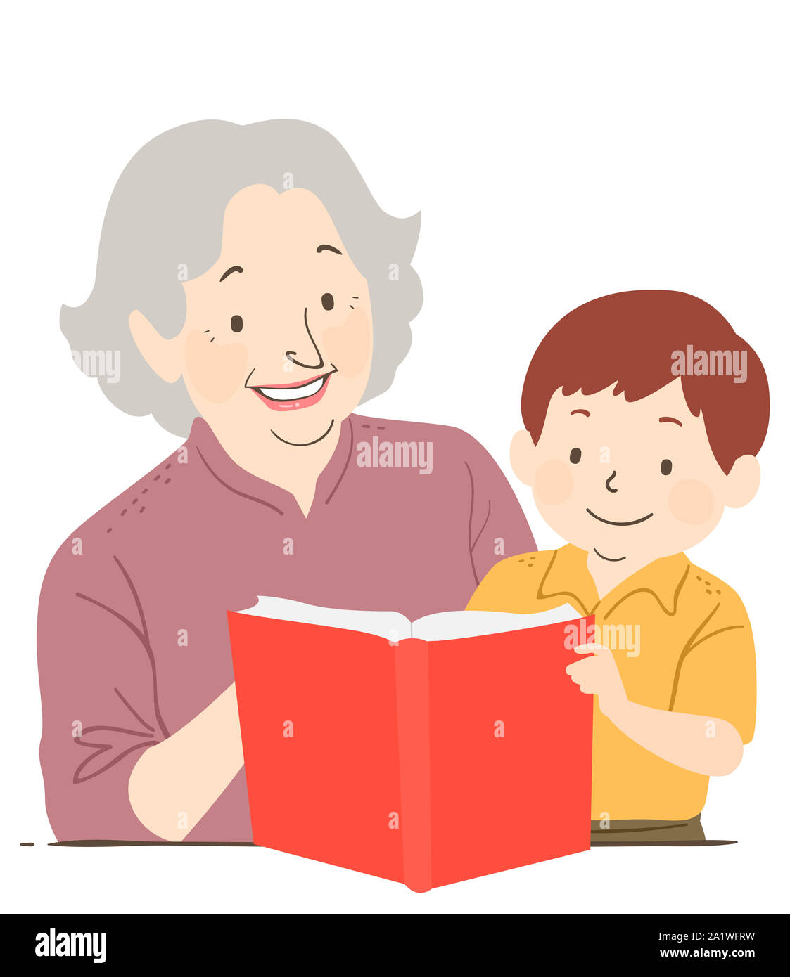 Illustration of a Senior Woman Tutor Reading a Book and Teaching a Kid ...