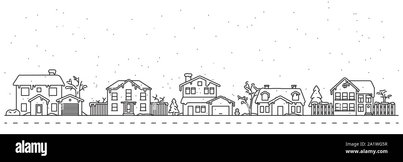 Cute winter village neighborhood vector line art illustration Stock ...