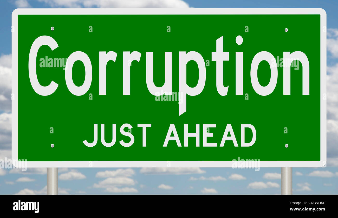 Rendering of a green highway sign for Corruption Stock Photo - Alamy
