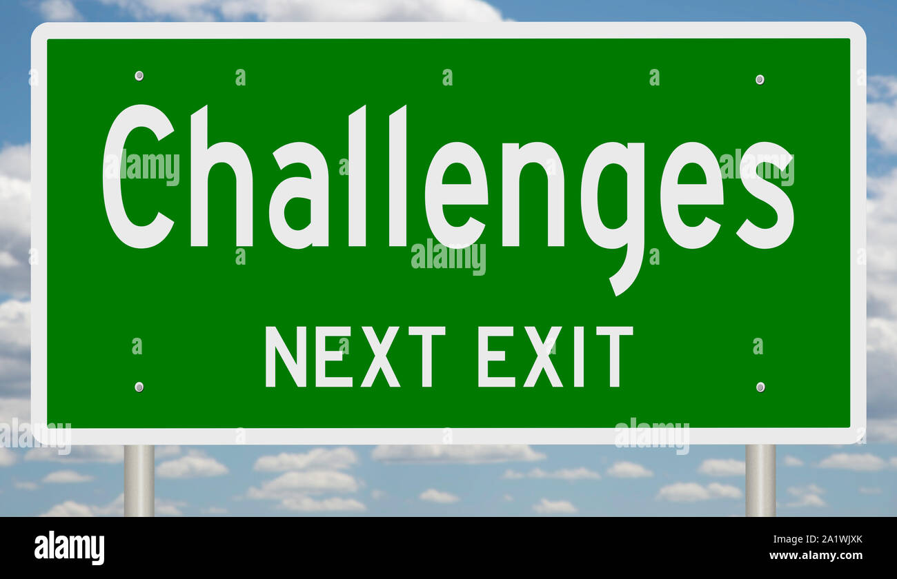 Rendering of a green highway sign for Challenges Stock Photo - Alamy