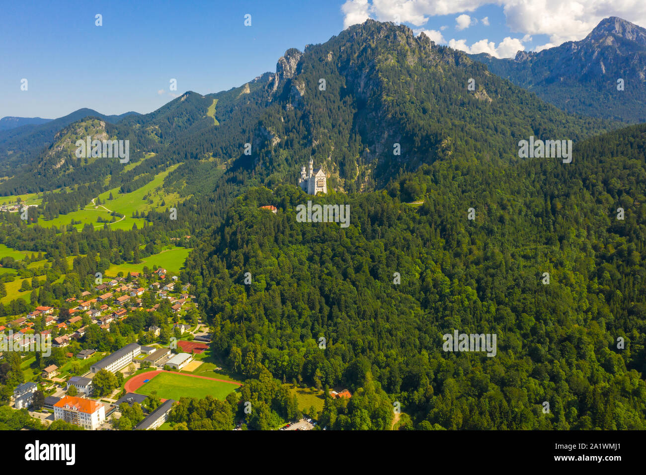 Aerial view on Neuschwanstein Castle Schwangau, Bavaria, Germany. Drone ...