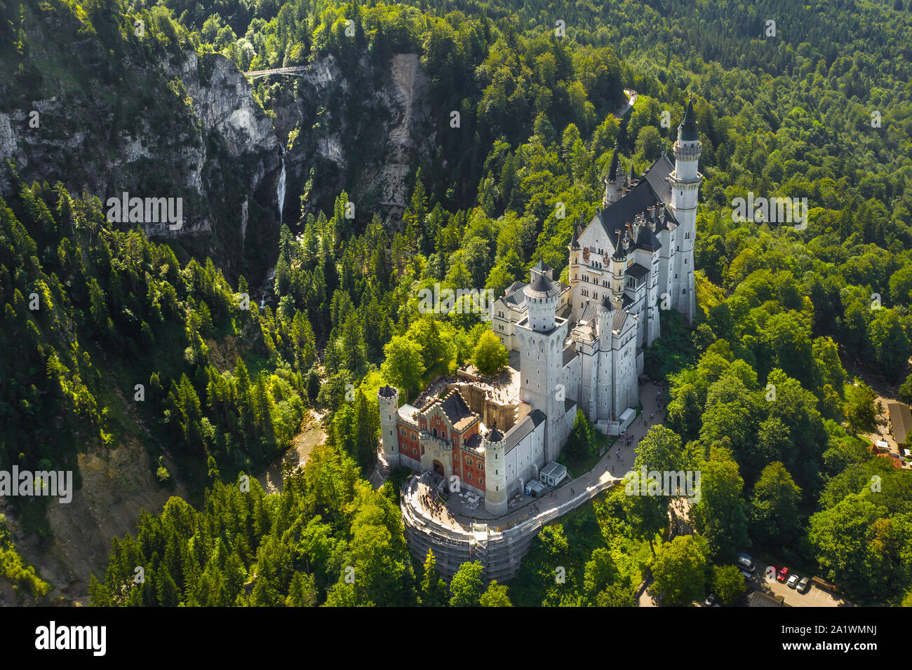 Aerial view on Neuschwanstein Castle Schwangau, Bavaria, Germany. Drone picture of Alps ...