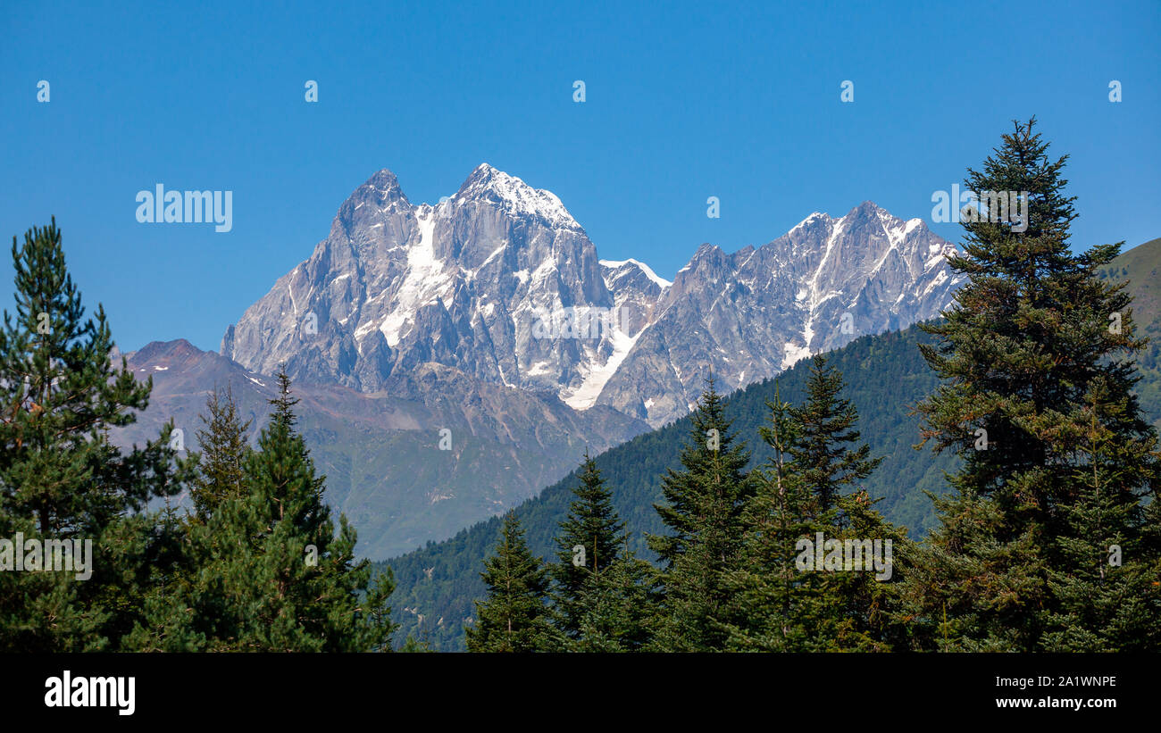 View of Mount Ushba. Ushba is one of the most notable peaks of the ...