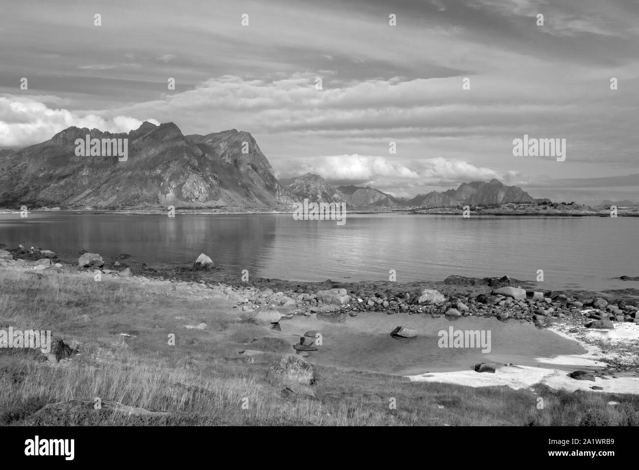 Black and white image of the view over Skifjorden near Stamsund ...