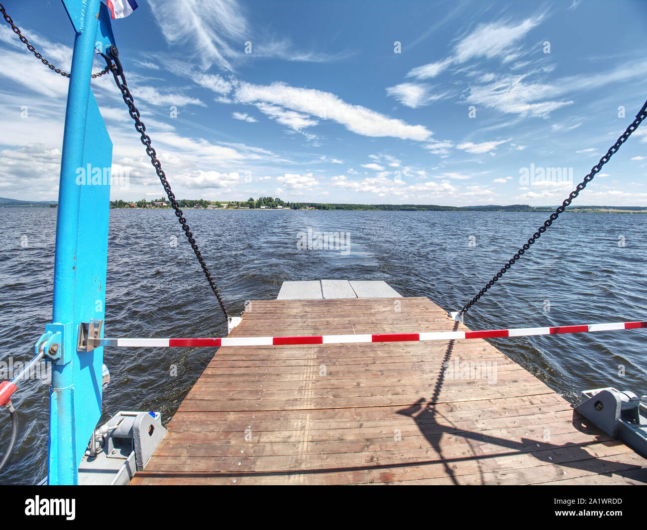 Shipping on Ferry Boat Ship with open Ramp and empty Car Deck. Wooden ...