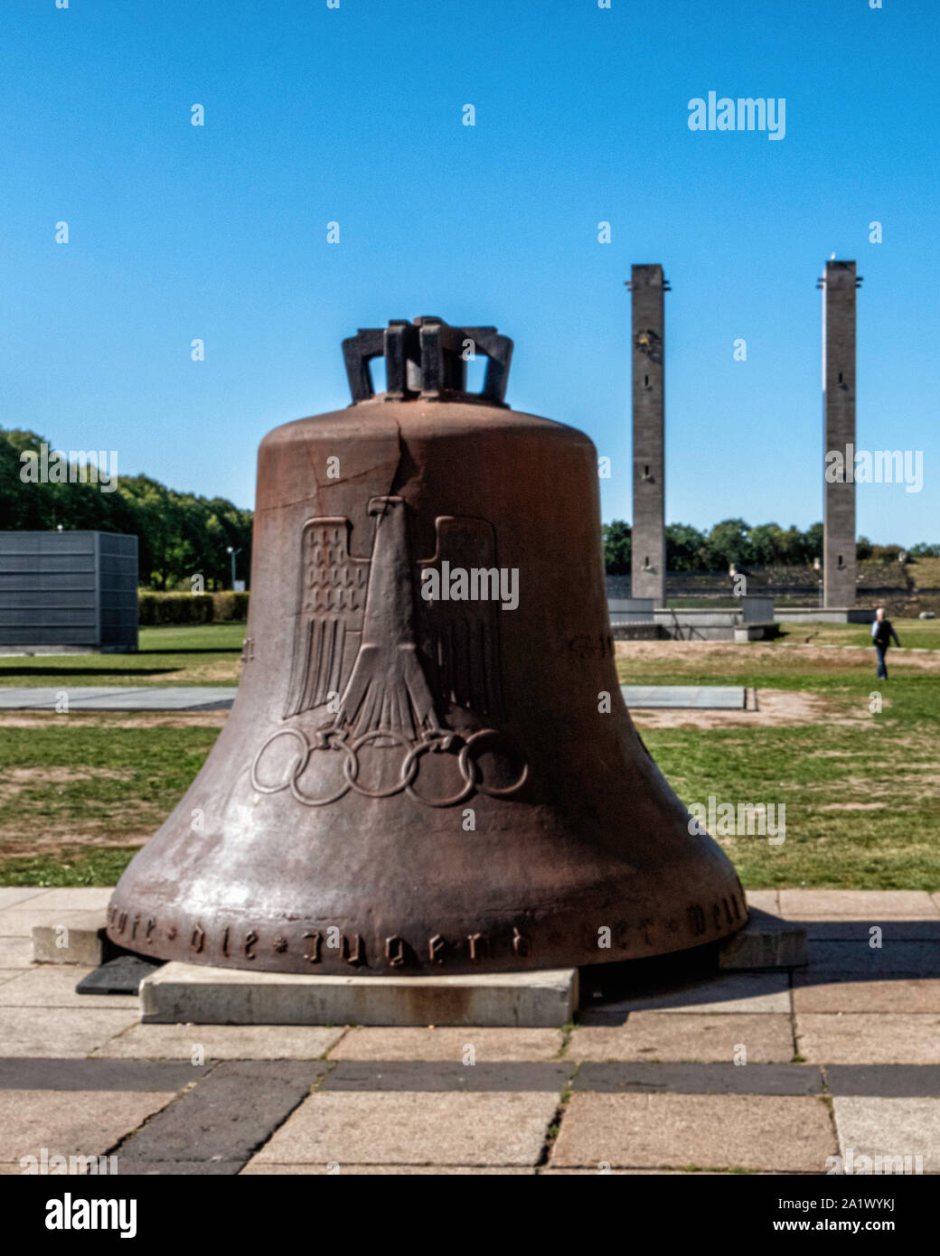 Berlin, Olympic Stadium grounds. Tall Towers & damaged Olympic Bell ...