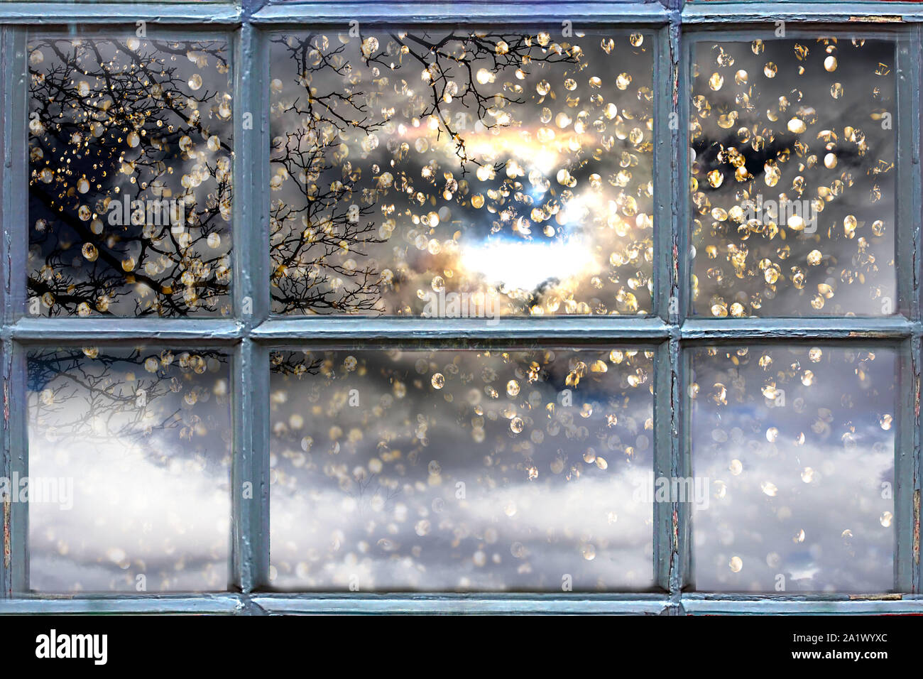 Christmas background. Falling snow outside window Stock Photo - Alamy