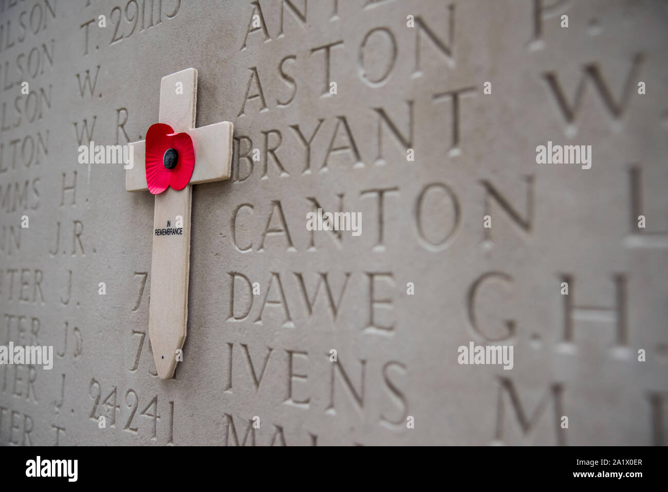 The many wall panels with names of the missing at the Thiepval Memorial ...