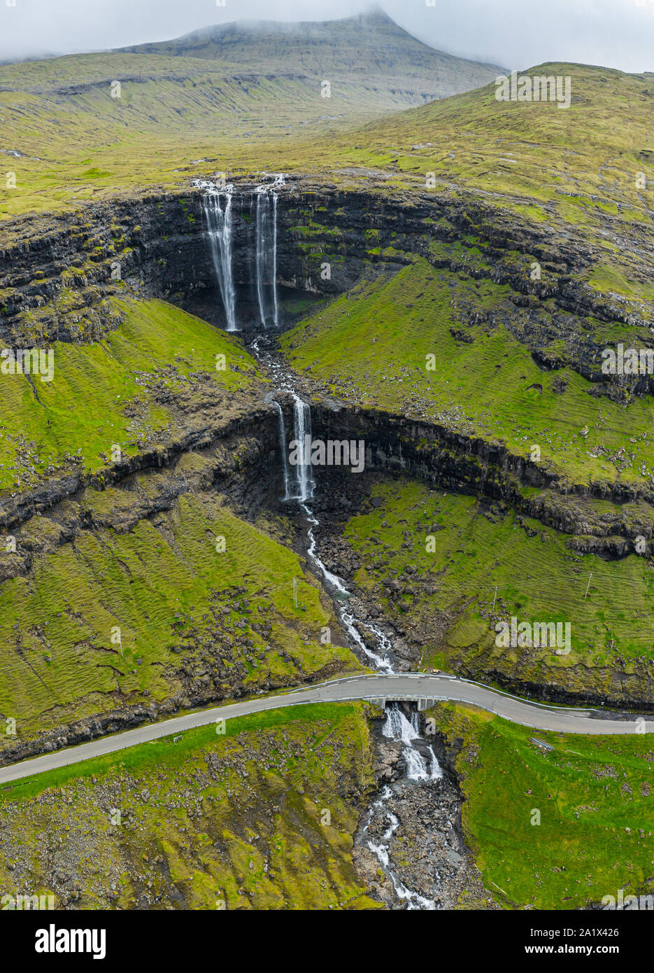 Aerial view of Fossa double-tiered waterfall, Faroe Islands Stock Photo ...